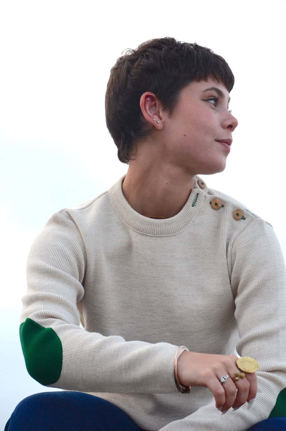 Pull marin femme beige chine – JOSEPH – Fabriqué en France – Coudières vert - Optimist'